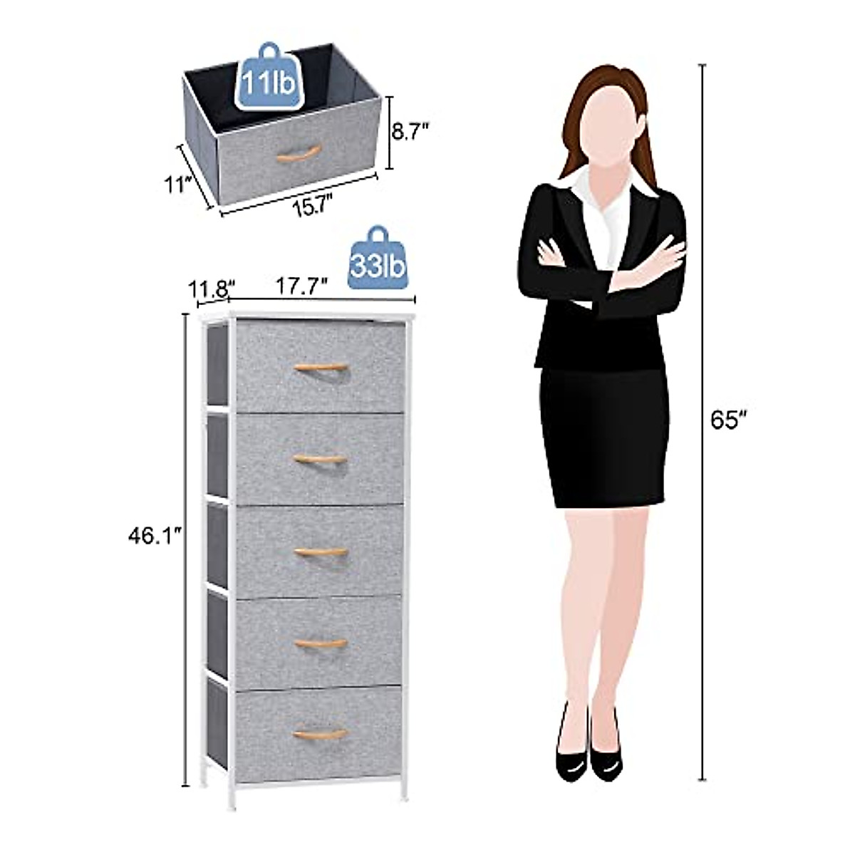 Crestlive Products Vertical Dresser Storage Tower - Sturdy Steel Frame, Wood Top, Easy Pull Fabric Bins, Wood Handles - Organizer Unit for Bedroom, Hallway, Entryway, Closets - 5 Drawers (Light Gray)