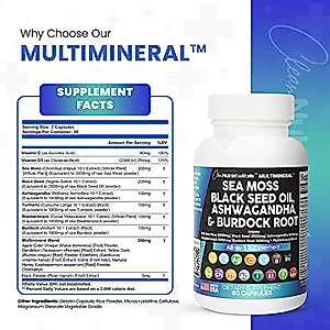 Sea Moss 3000mg Black Seed Oil 2000mg Ashwagandha 1000mg Turmeric 1000mg Bladderwrack 1000mg Burdock 1000mg & Vitamin C Vitamin D3 with Elderberry Manuka Dandelion Yellow Dock Iodine Chlorophyll ACV