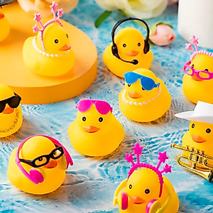 50 Sets Rubber Duck Cute Rubber Duck Bath Party Toys Bathtub Toys Shower Car Dashboard Decorations with Mini Sunglasses Swim Tube Hat Necklace Scarf Earphone Crown Instrument Hair Clips (Yellow)