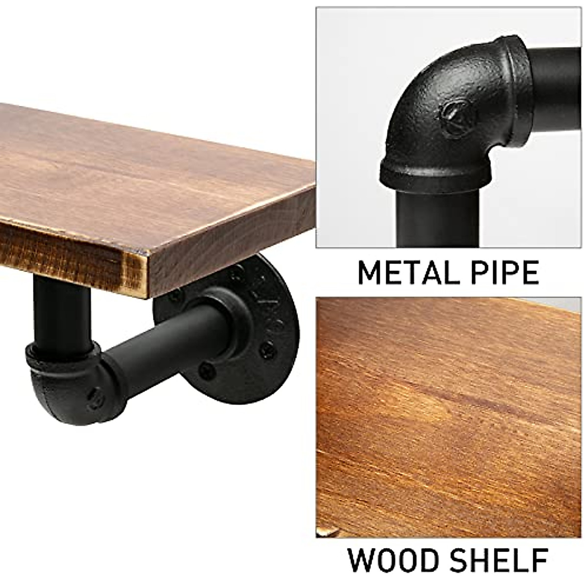 Tonport Rustic Wall Mounted Iron Water Pipe with Wooden Board Bookshelf Display Rack Simple Hanging Iron Water Pipe Floating Shelves