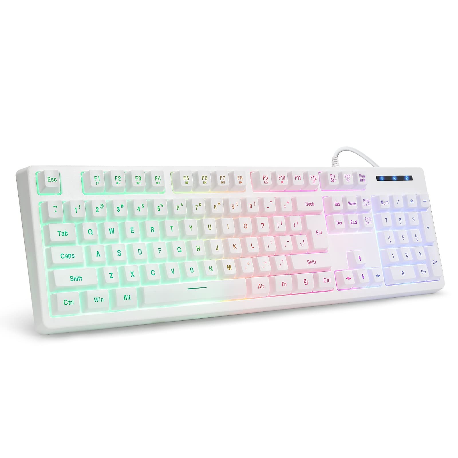 HUO JI White Gaming Keyboard USB Wired with Rainbow LED Backlit, Floating Keys, Mechanical Feeling, Spill resistant, Ergonomic for Xbox, PS Series, Desktop, Computer, PC