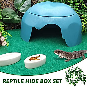 Hamiledyi Reptile Hide Box Leopard Gecko Hideout Cave with Sink Humidifier Lizards Hideaway Hut Flexible Leaves Pet Habitat Decor for Snakes Leopard Spiders Turtles Amphibians