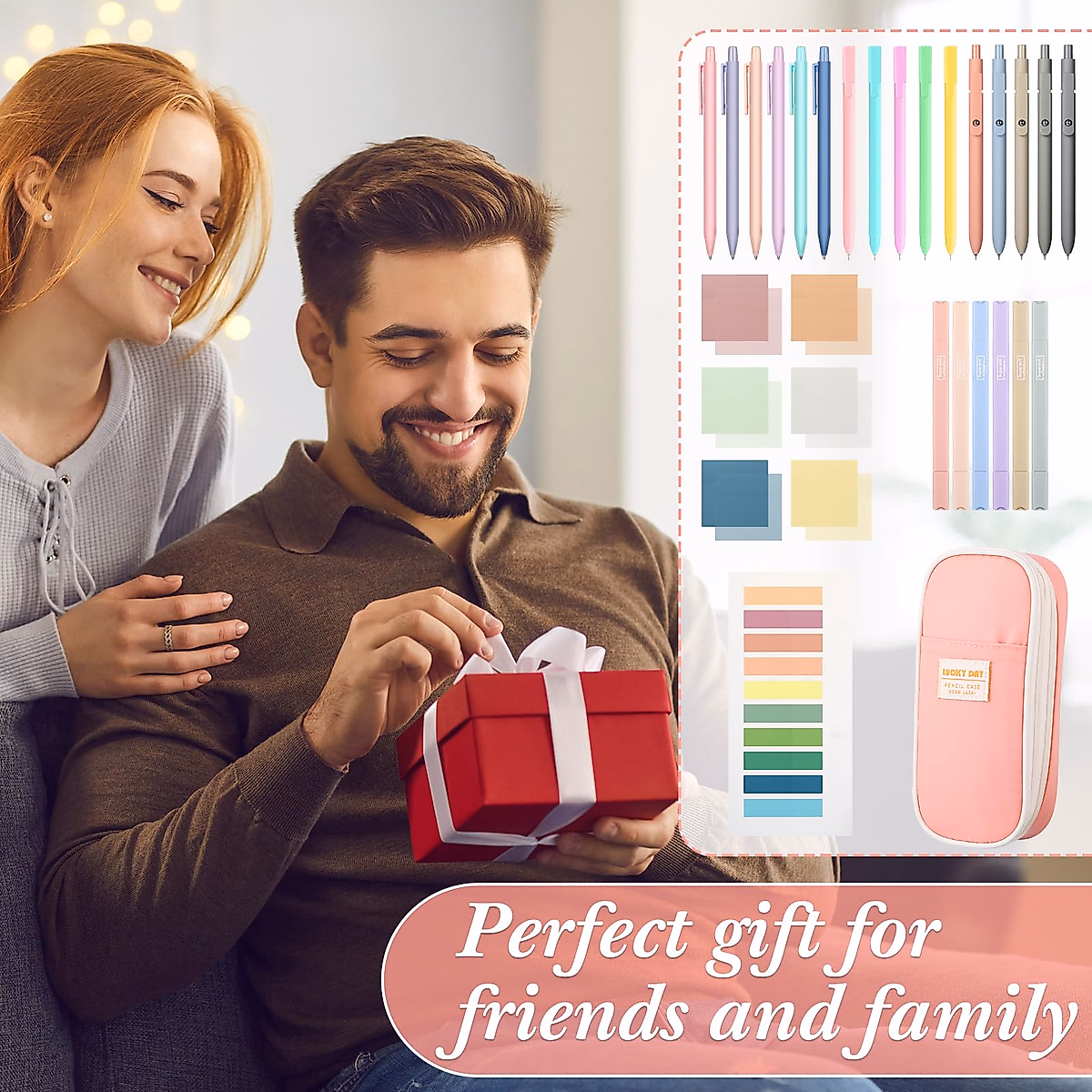 Lincia 30 Pcs Aesthetic School Supplies 6 Cute Mechanical Pencil 5 Colored Ballpoint Pen 5 Quick Dry Pen 6 Pastel Highlighter 6 Transparent Sticky Note Sticky Index Tab Pencil Case for Office(Pink)