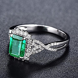 Sdouefos Women's 3ct Birthstone Solitaire Engagement Ring Emerald Cut Created Green Emerald White Gold Plated 925 Sterling Silver Engagement Wedding Ring (8)