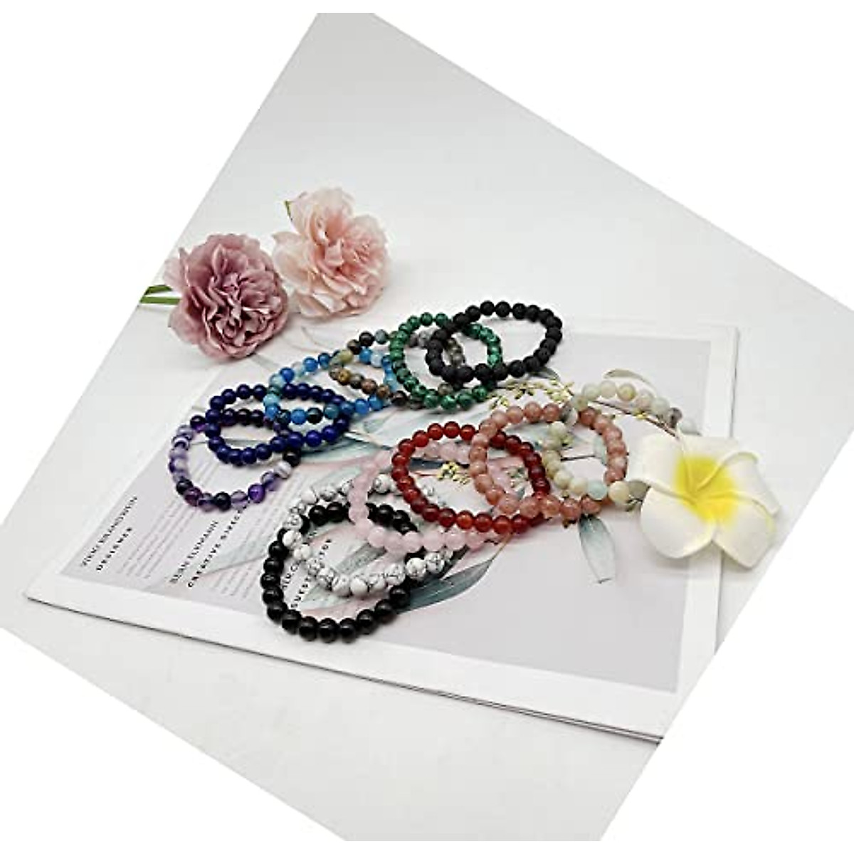 WAINIS 12PCS 8mm Semi-precious Beaded Bracelets for Men Women Healing Stretch Round Bead Crystal Gemstones Bracelets Unisex