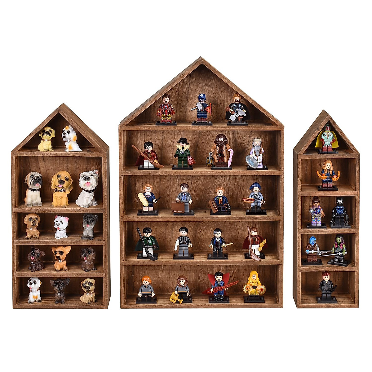 Ikee Design 3 Pcs Set House-Shaped Shelf Wooden Shadow Cubby Box Display Shelf Organizer Storage Display Shadow Box for Mini Figures,15 Compartments, Brown Color