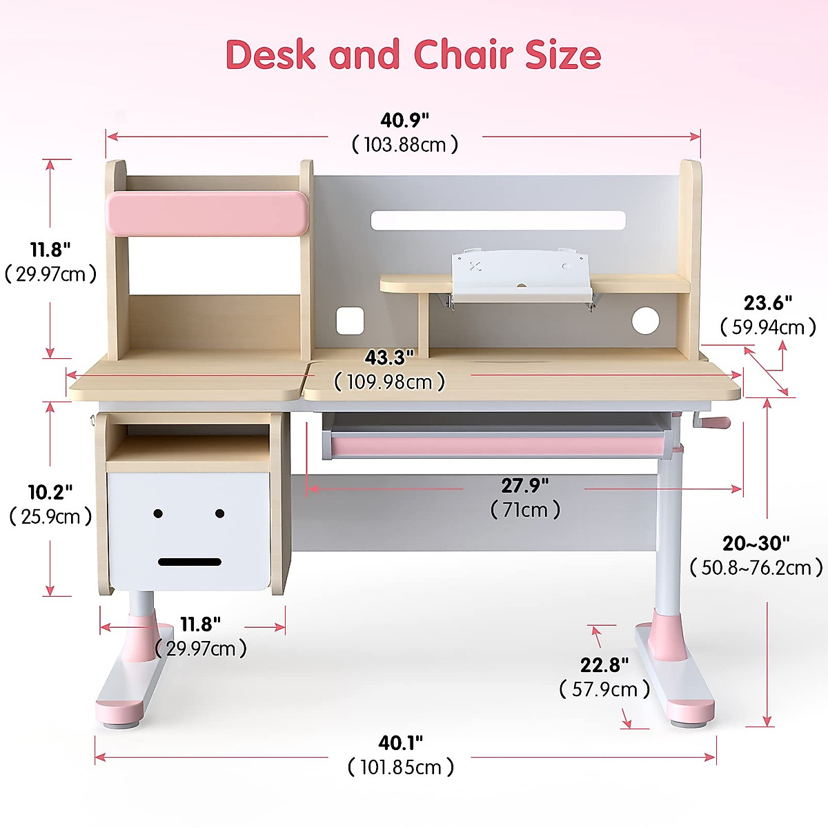 FCD Wood Adjustable Height Kids Study Desk Drafting Table Computer Station Built-in Bookshelf Hutch Multi Function (Pink)