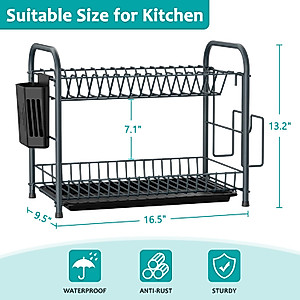 Naturous Dish Rack, 2 Tier Dish Drying Rack Kitchen Organizer with Drain Board, Utensil Holder, Cutting Board Holder, Gray