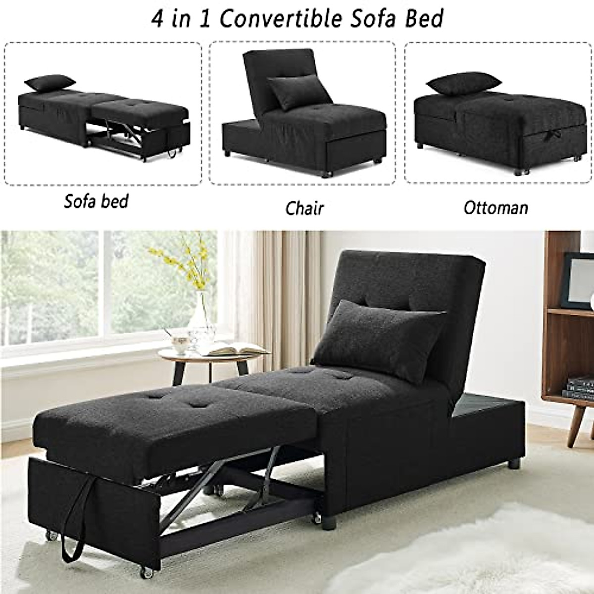 Antetek Sleeper Chair Bed, Convertible Chair 4 in 1 Multi-Function Folding Ottoman Sofa Bed Pull Out Sleeper Chair Beds, Adjustable Backrest, Single Bed Chair for Small Space, Black(44” x 26” x 33”H)