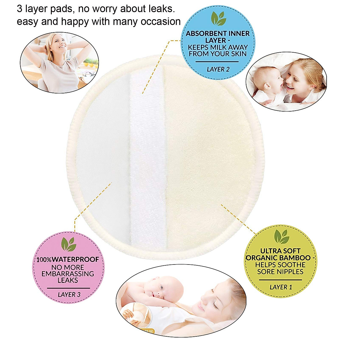 PINOWU Reusable Nursing Pads (10 Pack) for Breastfeeding Moms - 4.7 inch Washable Breastfeeding Nipple Pad for Maternity with Laundry Bag