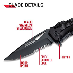 TAC Force- Spring Assisted Folding Pocket Knife – Black Stainless Steel Blade with Black Aluminum Handle, Bottle Opener, Glass Punch and Pocket Clip, Tactical, EDC, Rescue - TF-705 , 3.25 inch blade