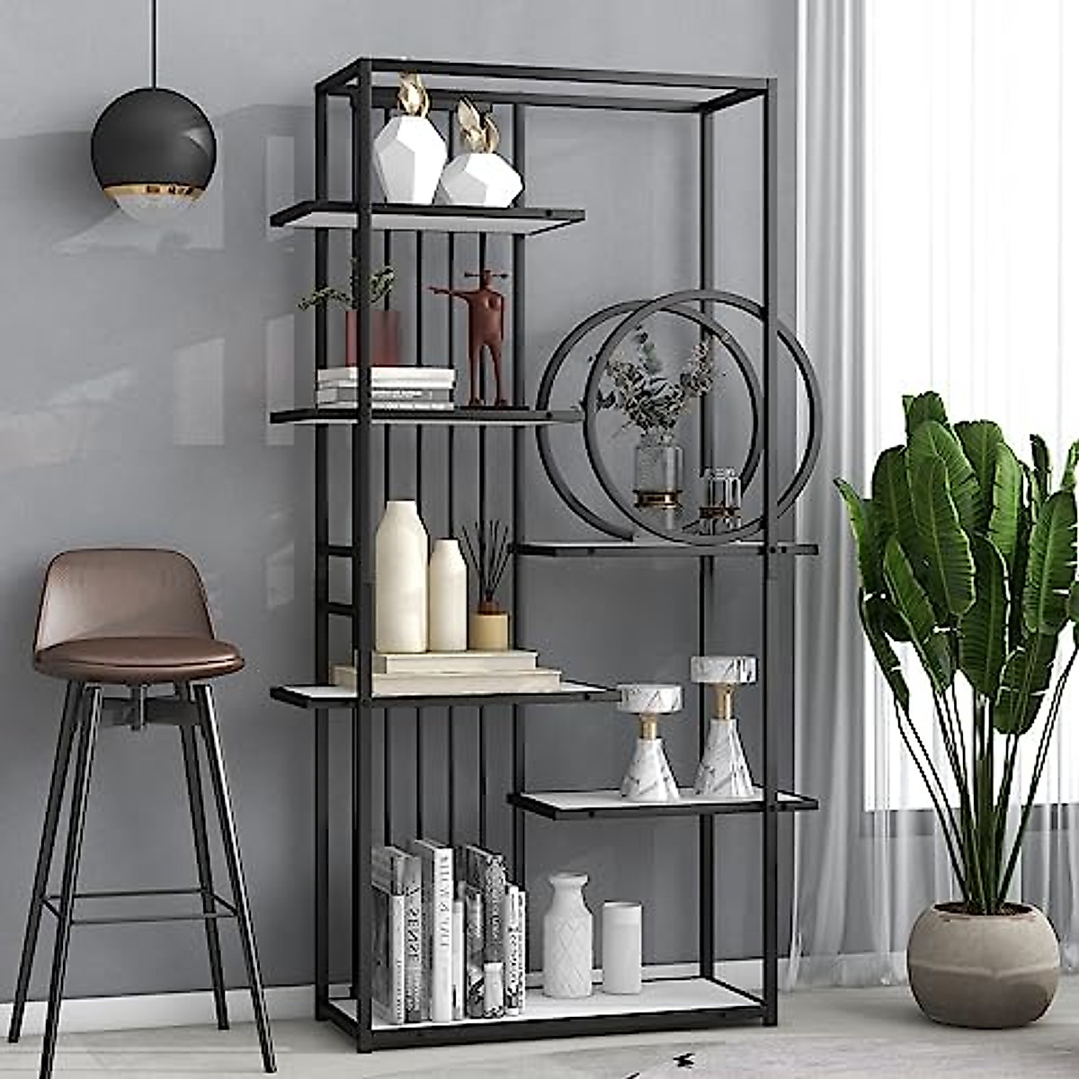 TRIPLE TREE 6 Tiers Bookcase,Open Bookshelf with Black Metal Frame,Storage Large Book Shelf Furniture for Living Room Bedroom Home Office