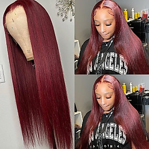 ANITA STYLE #99J Burgundy Lace Front Wigs Long Straight T Part Hair Wigs Wine Red Heat Resistant Fiber Hair Synthetic Lace Front Wigs With Natural Hairline (Burgundy)