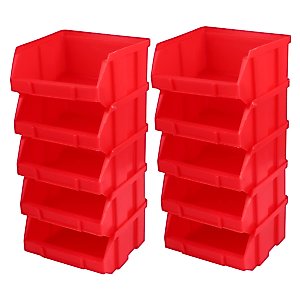 Angoily 10PCS Plastic Storage Bin Hanging Stacking Containers, Stackable Storage Bins Workshop Tool Organizer Bins for Parts Garage (Red, 3.93X 3.73X1.97inch)