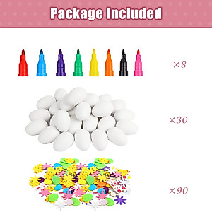 CCINEE Plastic DIY Easter Eggs Set, 30pcs White Egg Ornaments with Rope 8pcs Colored Pens and 80pcs Foam Stickers for Kids Easter Crafts Party Supply