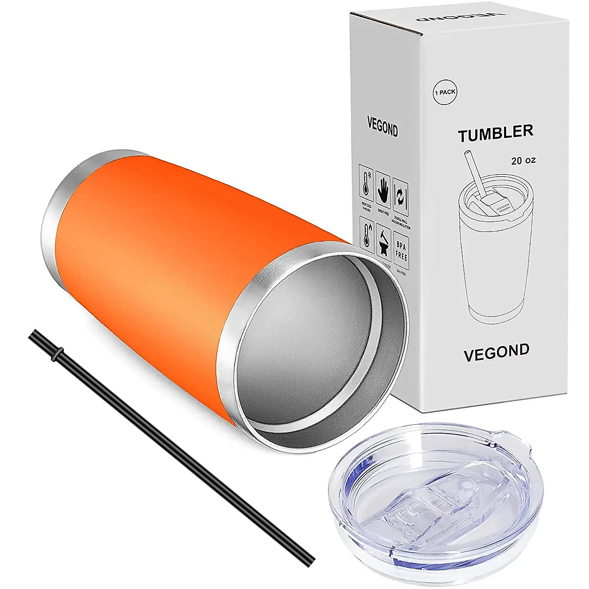 VEGOND 20oz Tumbler with Lid and Straw Stainless Steel Tumbler Cup Vacuum Insulated Double Wall Travel Coffee Mug Powder Coated Coffee Cup(Orange 1 Pack)