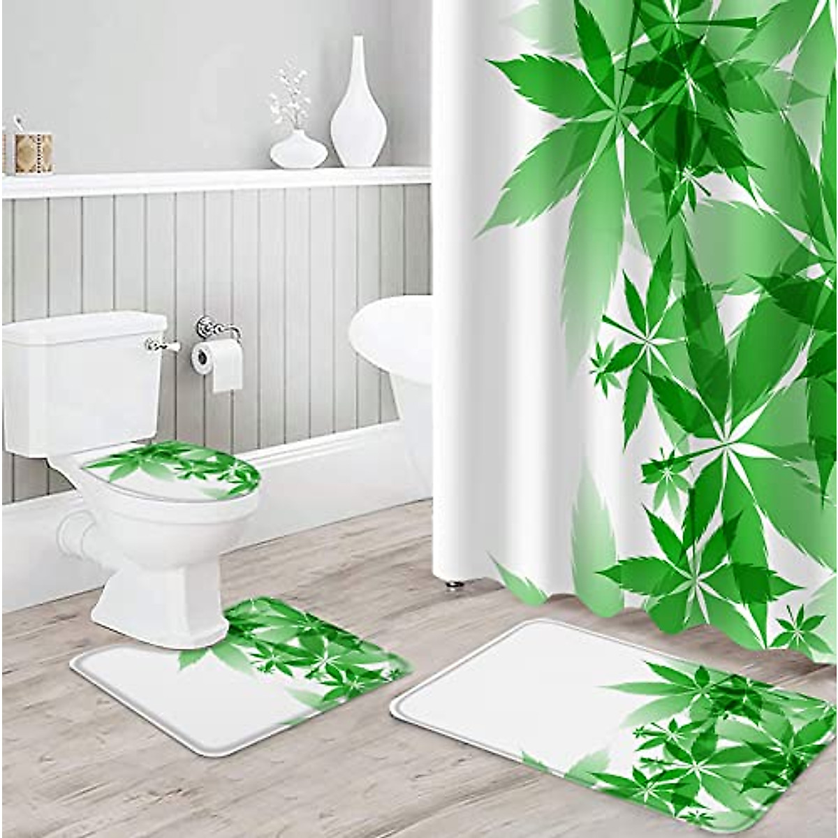 Marijuana Leaves 4 PCS Shower Curtain Sets, Waterproof Shower Curtains with Plastic Hooks, Anti-Skid Rugs, Toilet Lid Cover and Soft Bath Mat, for Bathroom Decor Set Simple Green Gradient Texture