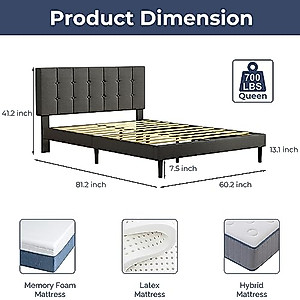 IULULU Queen Bed Frame, Upholstered Platform Bed Frame with Linen Fabric Headboard, Queen Size Mattress Foundation with Wooden Slats Support, Easy Assembly, No Box Spring Needed, Dark Grey