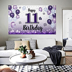 LASKYER Happy 11th Birthday Purple Large Banner - Cheers to Eleven Years Old Birthday Home Wall Photoprop Backdrop,11th Birthday Party Decorations.