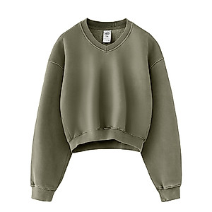 Hatant Sweatshirt for Women Acid Wash Athletic Hoodies Heritage Fleece V-neck Long Sleeve Hoodie Y2K Crop Pullover Women Sweatshirt Cotton Fleece Lined Hoodies Teen Workout Pullover Shirt Green-XL