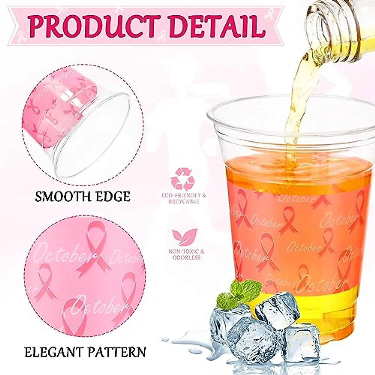 Nuenen 72 Pcs 12 oz Breast Cancer Awareness Clear Disposable Plastic Cups Pink Ribbon Breast Cancer Decorations for Believe Hope Ribbon Printed Party Drinking Cups for Tableware Supply (Pink)