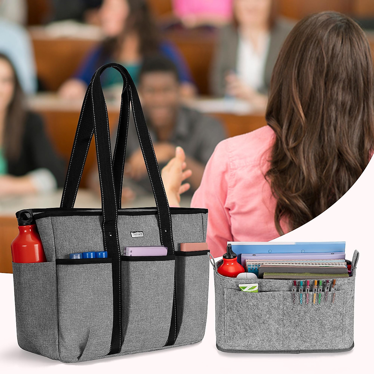 Damero Teacher Tote with Felt Insert Bag, Large Work Bag with 15.6 inch Laptop Compartment, Teacher Utility Tote for Office, Business, Travel, Gray