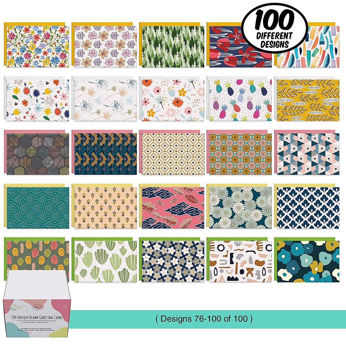 Dessie Unique Blank Greeting Cards with Colored Envelopes and Gold Seals Set for All Occasion, 4x6 Inch, 100 Cards
