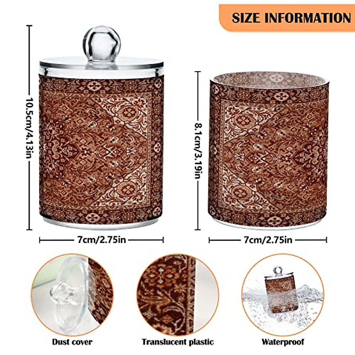 Kigai 2PCS Brown Persian Texture Qtip Holder Dispenser with Lids - 14 oz Bathroom Storage Organizer Set, Clear Apothecary Jars Food Storage Containers, for Tea, Coffee, Cotton Ball, Floss