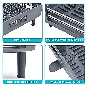 TOOLF Extendable Dish Rack, Dual Part Dish Drainers with Non-Scratch and Movable Cutlery Drainer and Drainage Spout, Adjustable Dish Drying Rack for Kitchen, 1 Piece Grey