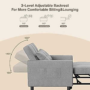 Convertible Sleeper Sofa Chair Bed, 3-in-1 Single Convertible Chair Bed, Adjustable Chair with Pillow and Pocket, Multi-Functional Sleeper Chair with Modern Linen Fabric for Apartment, Light Gray