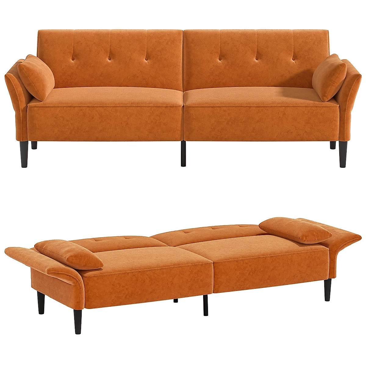 COPIAE 89” Futon Sofa Bed, Velvet Fabric Comfy Futon Couch Bed with 2 Square Pillows, Convertible Sleeper Sofa with Adjustable Backrest& Armrests, Modern Loveseat Sleeper for Living Room, Bedroom