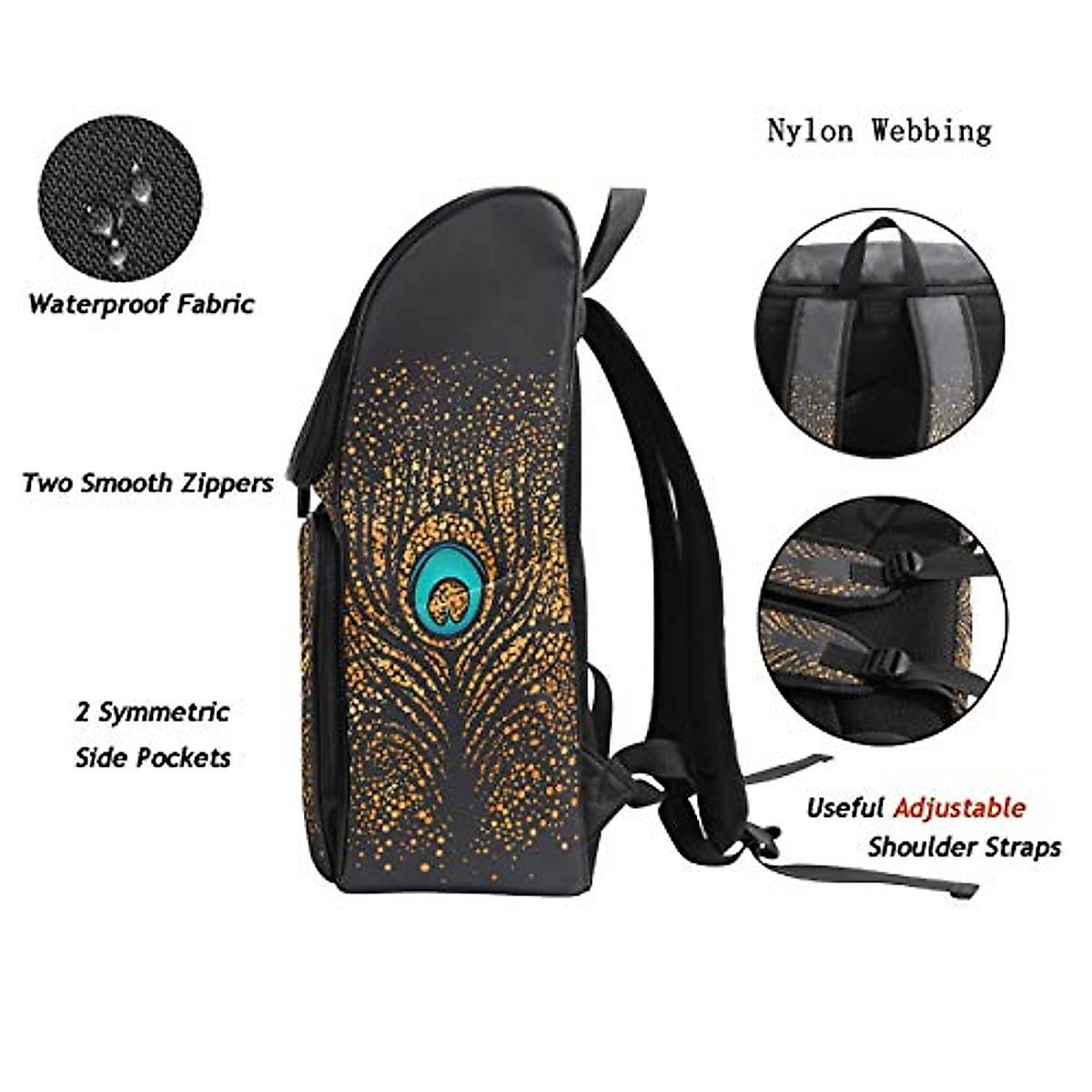 Naanle Stylish Beautiful Peacock Feather Gold Sparkling Pattern Casual Daypack College Students Multipurpose Backpack Large Travel Hiking Bags Computer Bag for Men Women