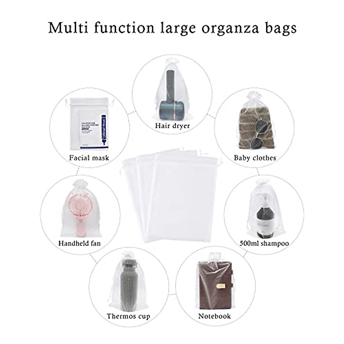 Jexila 50 Pack White Organza Bags 8X12 inch Large Mesh Gift Drawstring Pouch Goodie Bags for Party Christmas Wedding Party Favor Bags (White)