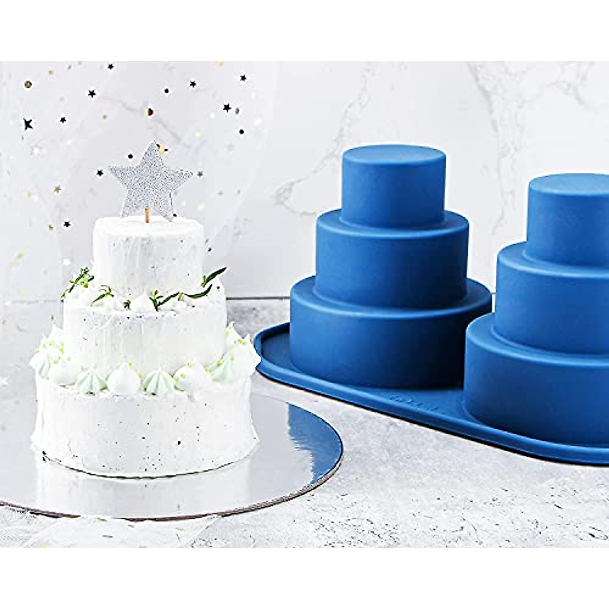 Webake Mini 3 Tier Cake Pan, Silicone Tier Cake Molds, 2 Pack Blue Molds for Small Smash Cake Cupcake for Birthday, Baby Shower, Wedding, 3.8 Inch Dia