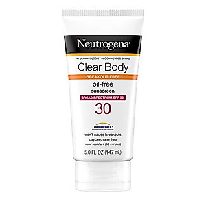 Neutrogena Clear Body Breakout-Free Liquid Sunscreen Lotion for AcneProne Skin, Oil Free Sunscreen, Broad Spectrum SPF 30, Oxybenzone Free, Fragrance Free, Non Comedogenic, Unscented, 5 Fl Oz