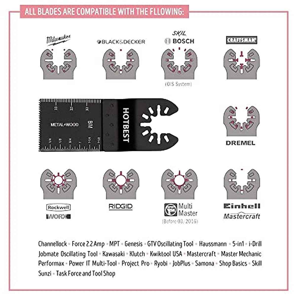 HOTBEST 50 Pack Bi-Metal Oscillating Multi Tool Quick Release Saw Blades Multitool Blade Fits for Porter Cable,Rockwell,Makita,Black & Decker Dremel etc.