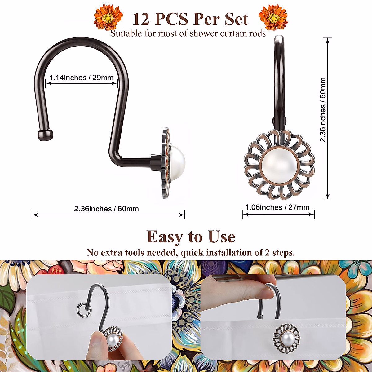 Oil Rubbed Bronze Shower Curtain Hooks, Decorative Sunflower Shower Curtain Rings for Bathroom Shower Curtain Rods and Liner,Metal Shower Hooks, Floral Pearl Shower Rings for Curtain Set of 12