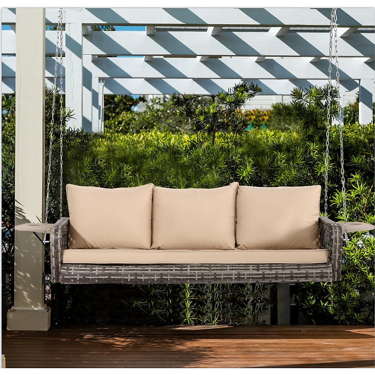 MAGIC UNION 3-Person Wicker Hanging Porch Swing, Patio Outdoor Rattan Swing Bench W/ 3 Back Cushions & 1 Seat Cushion, Sturdy Steel Chain for Deck, Backyard, Garden