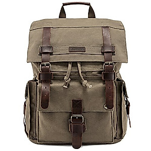 Kattee Men's Canvas Leather Hiking Travel Backpack Army Green