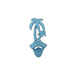 Handcrafted Nautical Decor Rustic Light Blue Cast Iron Wall Mounted Palm Tree Bottle Opener 6" - Bottle O