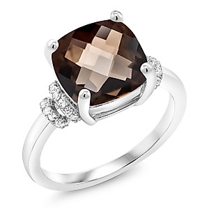 Gem Stone King 925 Sterling Silver Brown Smoky Quartz Engagement Ring For Women (3.36 Cttw, Cushion Checkerboard 10MM, Available in size 5, 6, 7, 8, 9)