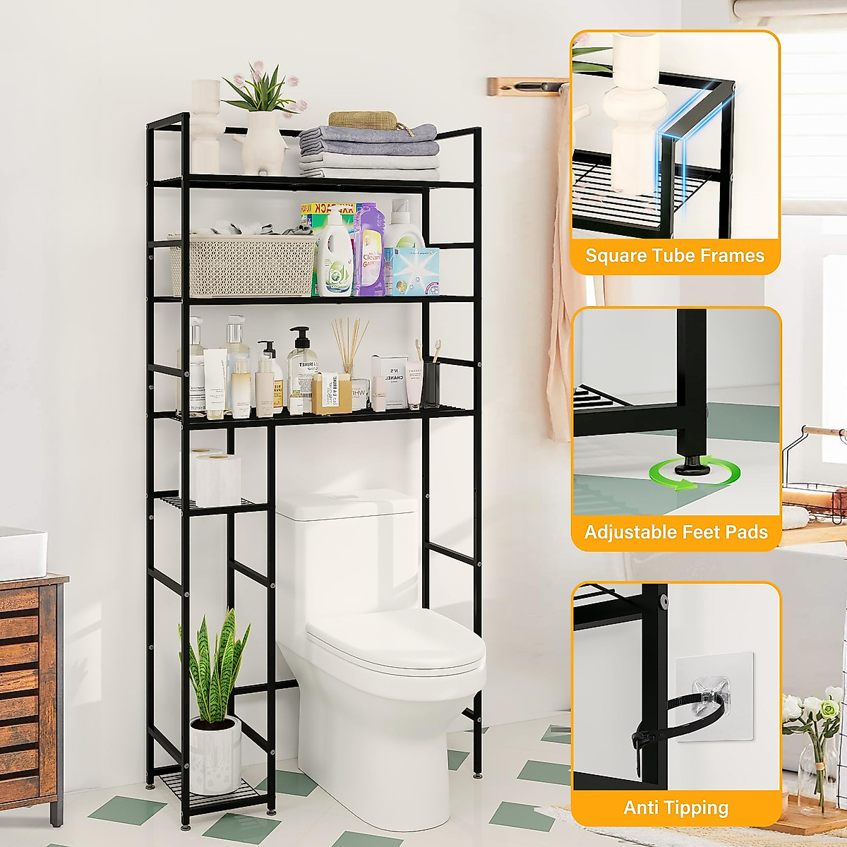 MallBoo Over The Toilet Storage, 5 Tier Bathroom Organizer Shelf, 31.5''W Toilet Rack with Adjustable Feet, Bathroom Rack for Restroom, Laundry, Balcony（Black）
