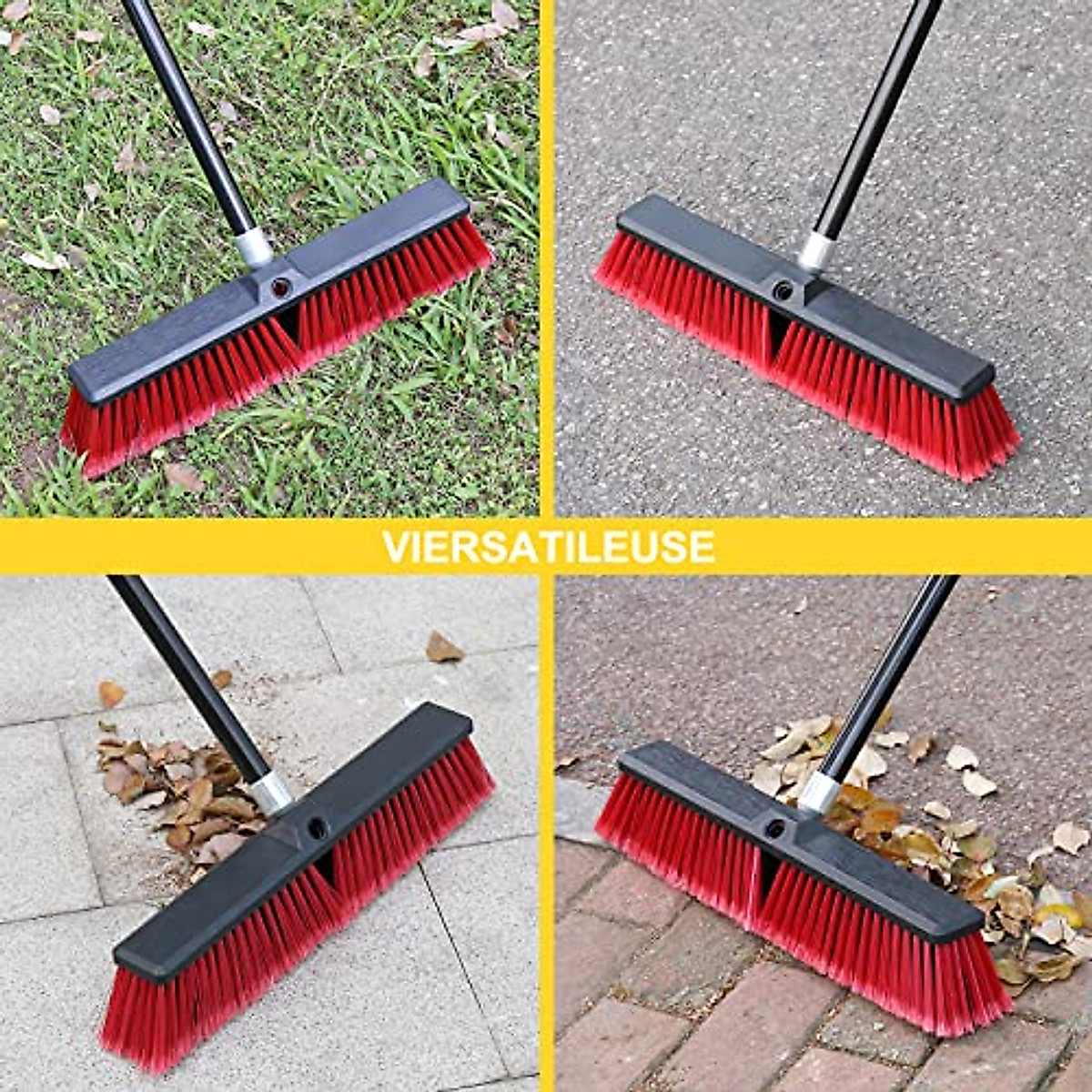 18 inches Push Broom Outdoor Garden Broom with 63" Long Handle for Deck Driveway Garage Yard Patio Concrete Floor Cleaning(Red)