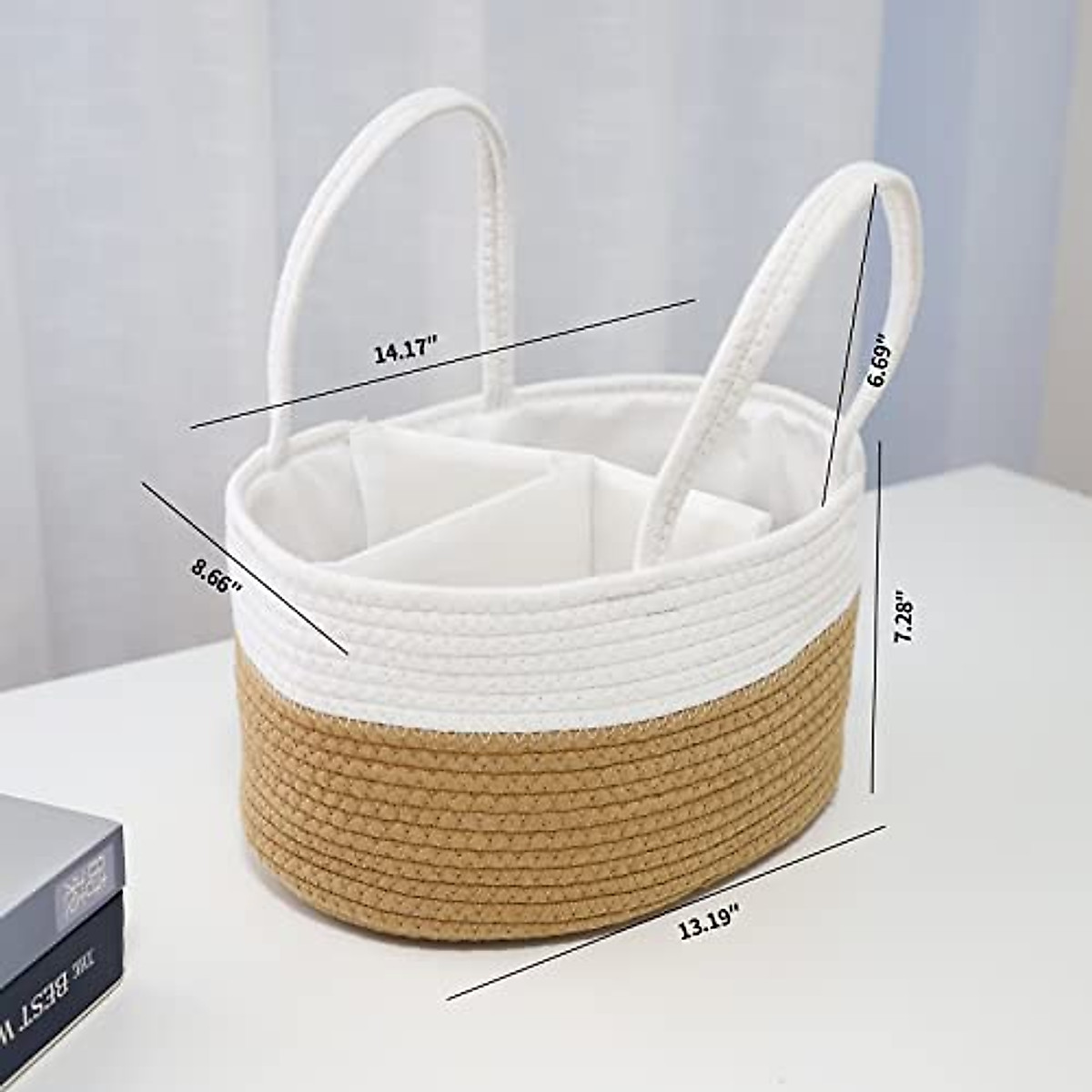 HODAKJUE Baby Diaper Caddy Organizer, Cotton Rope Nursery Storage Basket, Car & Changing Table Tote for Newborn Boys Girls ( White & Brown )