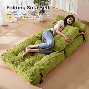 MAXYOYO Folding Sofa Bed, Convertible Sleeper Chair with Pillow Foldable Mattress with Back Support, Portable Fold Out Chair Bed Comfy Floor Sofa Lounge for Living Room Bedroom, Green, Single