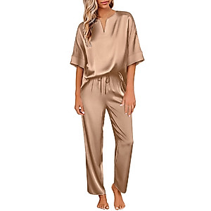Ekouaer Satin Pajama Set Womens Silk Short Sleeve V Neck Shirt with Long Pant Soft Loungewear Pjs Set Khaki