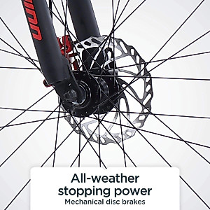 Schwinn Bonafide Men and Women Mountain Bike, Front Suspension, 24-Speed, 29-Inch Wheels, 17-Inch Aluminum Frame, Matte Black/Red