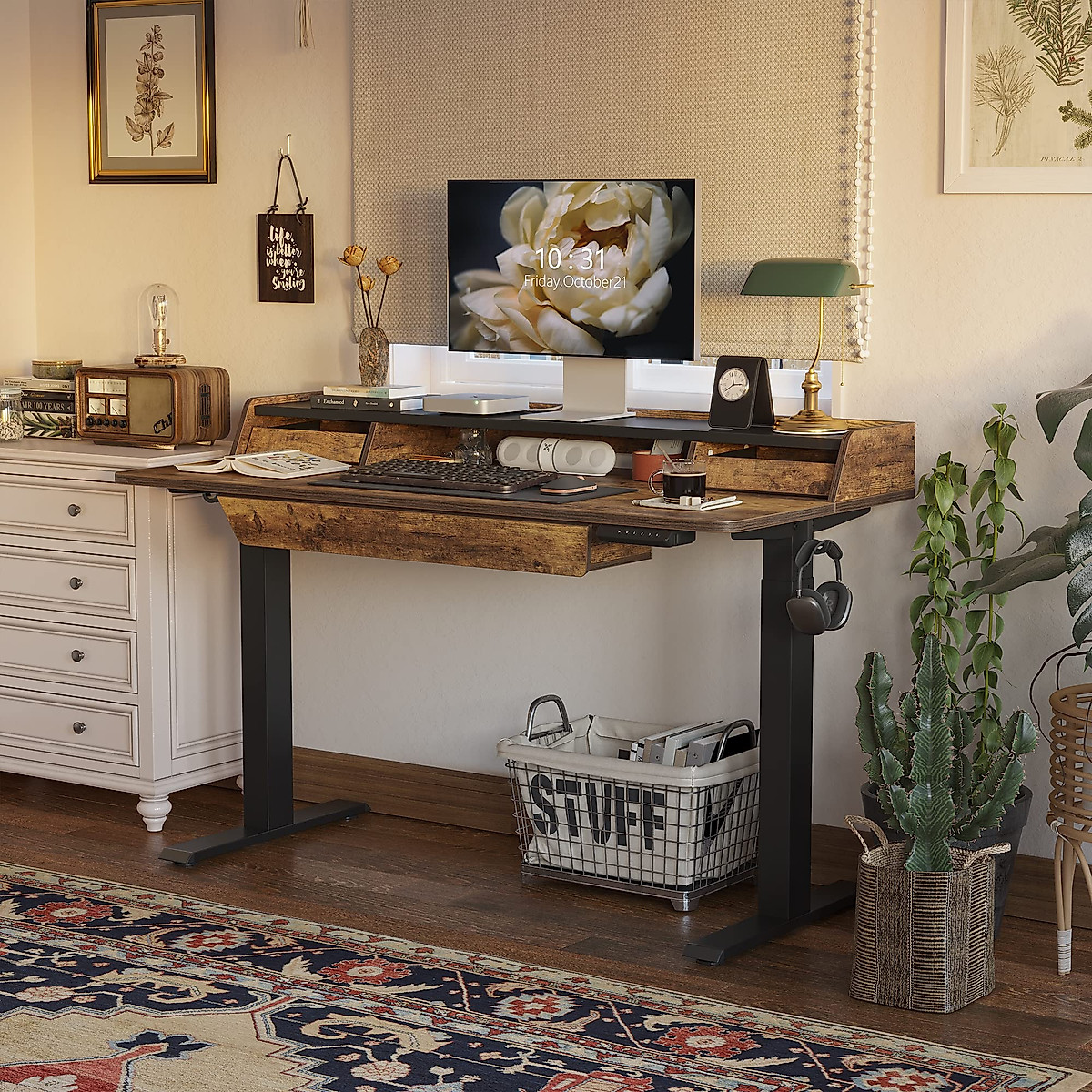 FEZIBO Electric Standing Desk, 55 x 24 Inches with 3 Drawers, Black Frame/Rustic Brown Top with File Cabinet