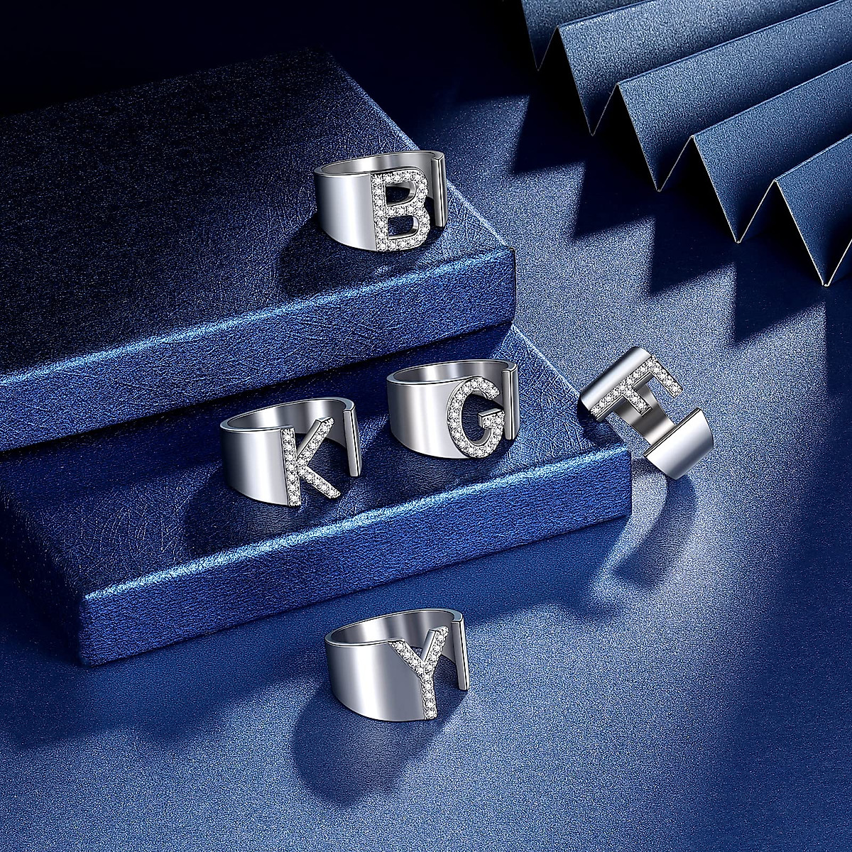 beautlace Letter B Rings Adjustable Silver Plated Initial B Alphabet Open Ring with Cubic Zirconia Jewelry for Men and Women KR0037B-W