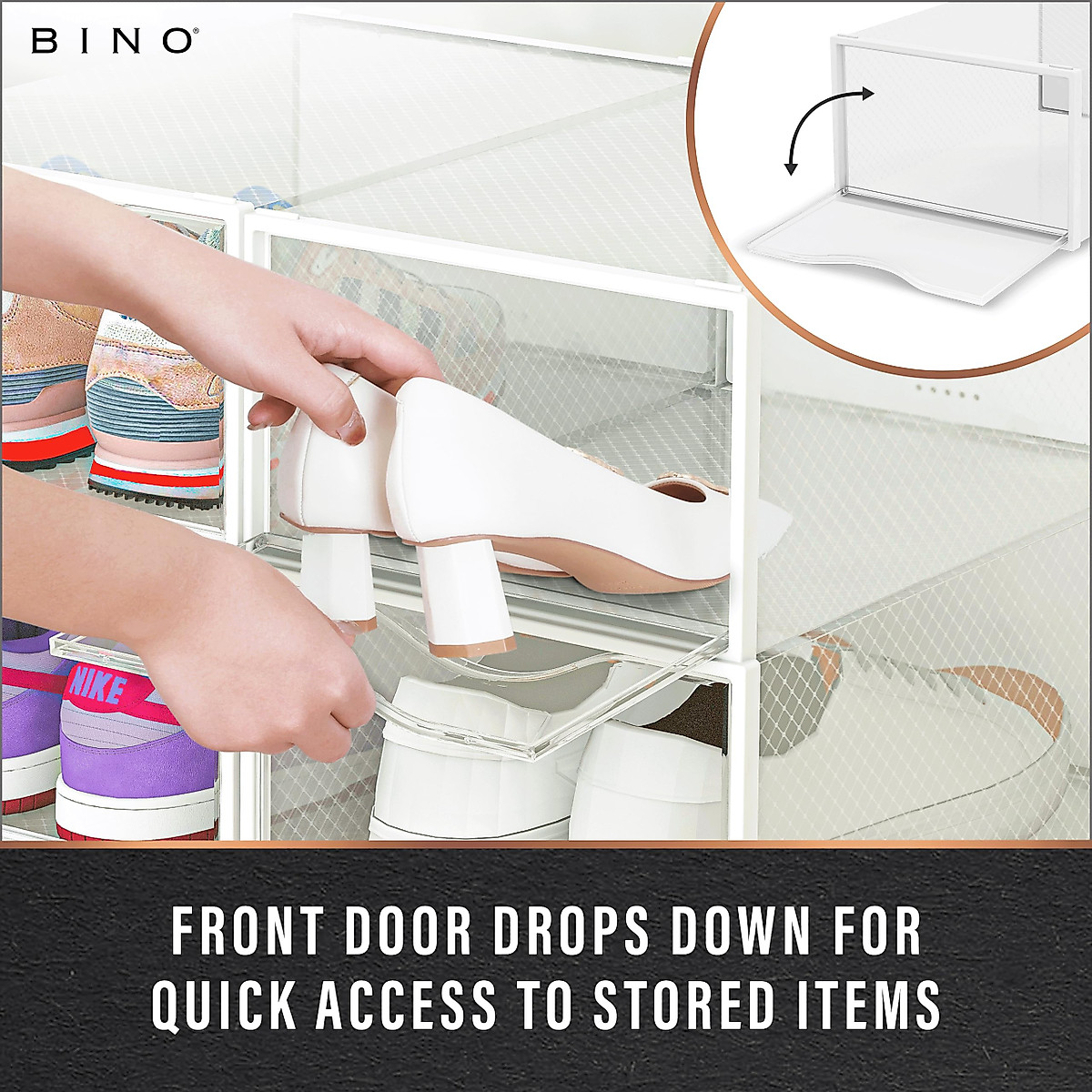 BINO 12-Pack Plastic Stackable Shoe Box Set - Clear | Foldable Shoe Storage Container | Sneaker Bins | Shoe Rack Box | Transparent | Portable Stacking Shoe Boxes Front Open